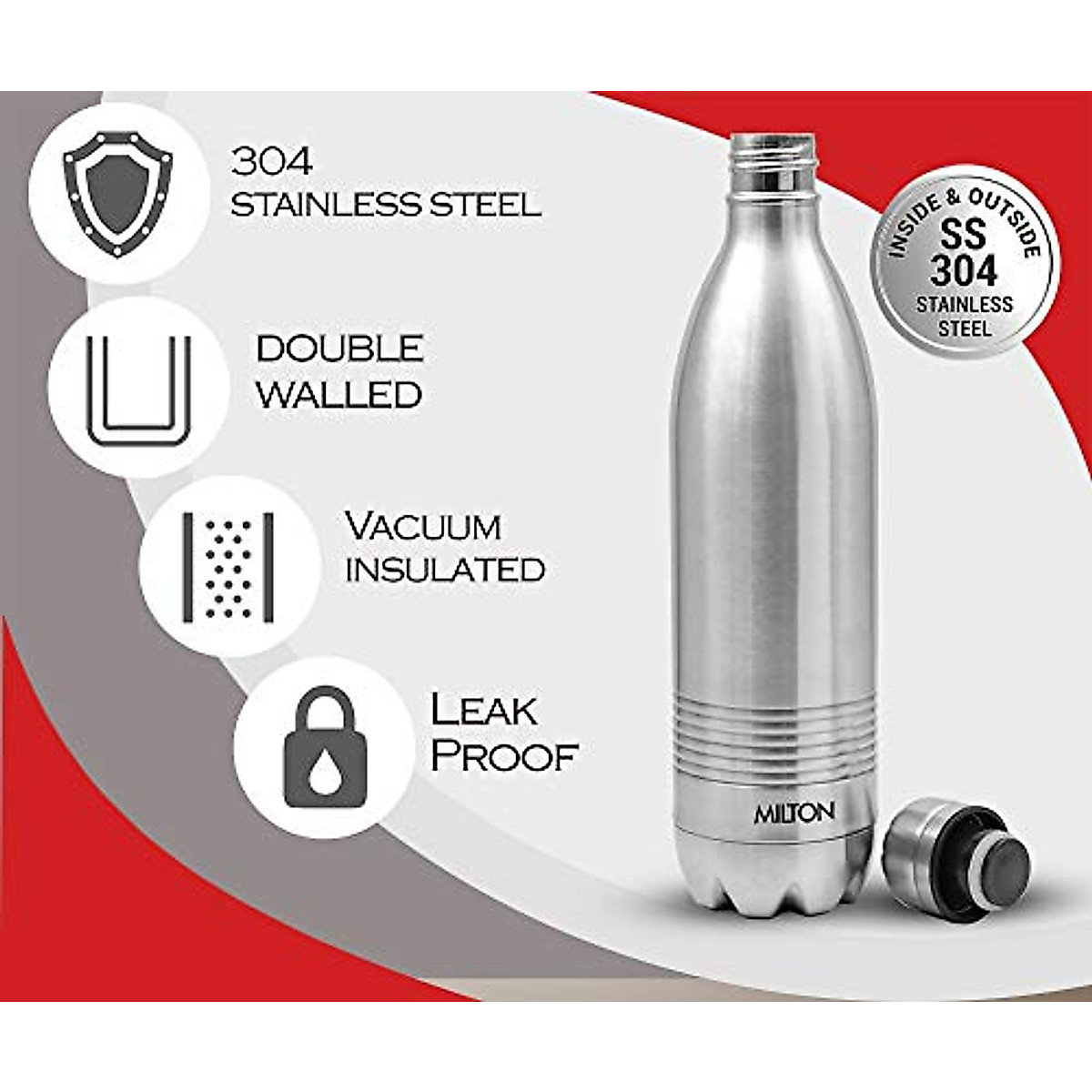 Thermosteel Duo Deluxe Insulated Water Bottle 18/8 Stainless Steel Double Walled for Hot & Cold (Stainless Steel, 34 oz (1000 ml))
