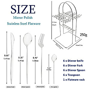 24-Piece Mirror Silver Cutlery Set, Snplowum Stainless Steel Flatware Hanging Tableware Silverware Set Include Knife/Fork/Spoon/Teaspoon and Storage Rack For Daily Use, Service For 6