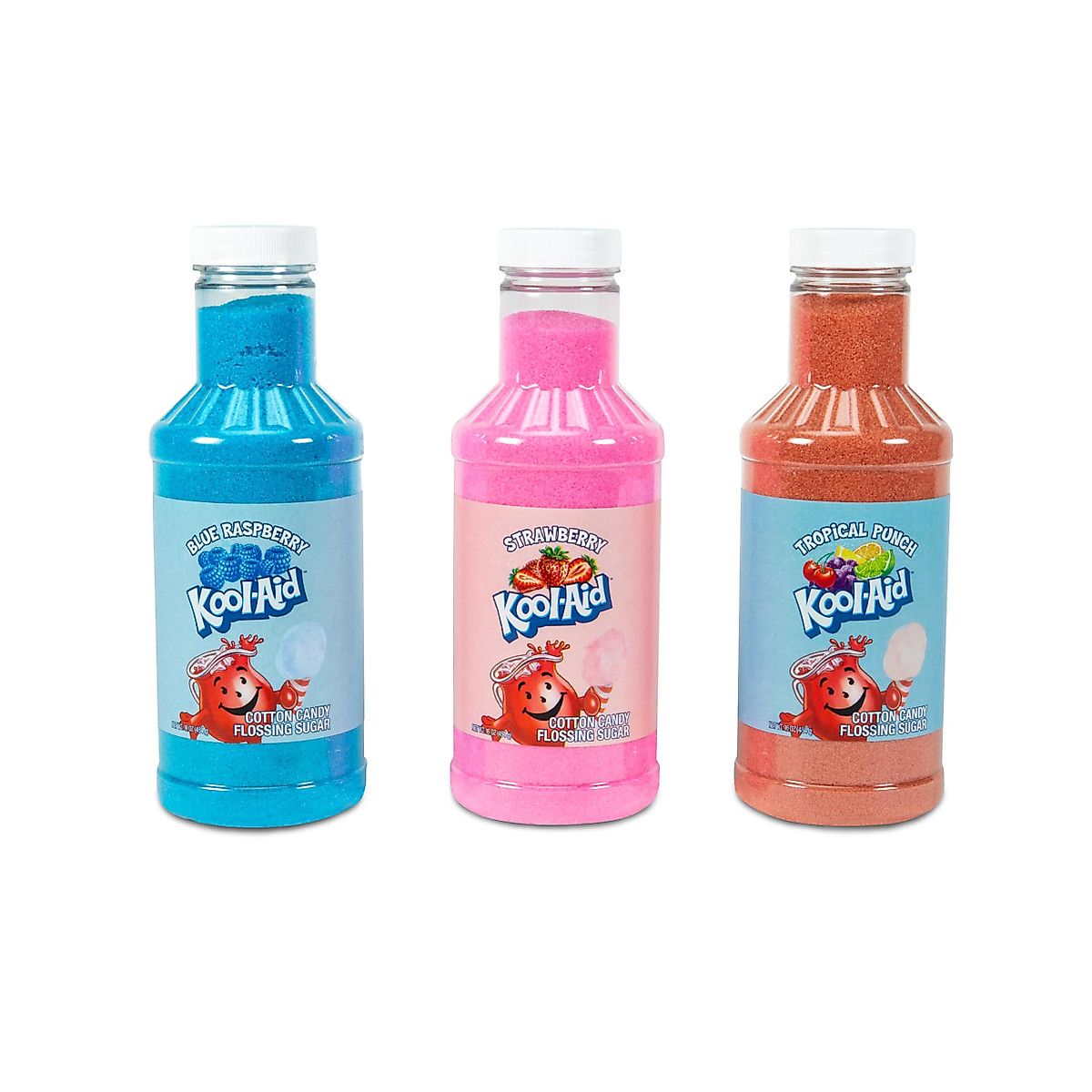 Nostalgia Kool-Aid Flossing Party Kit (3-Pack) | Blue Raspberry, Strawberry, Tropical Punch | 3 16oz Bottles of Cotton Candy Sugar Mix | 96 Small to Medium Cone Servings, 16 Ounces