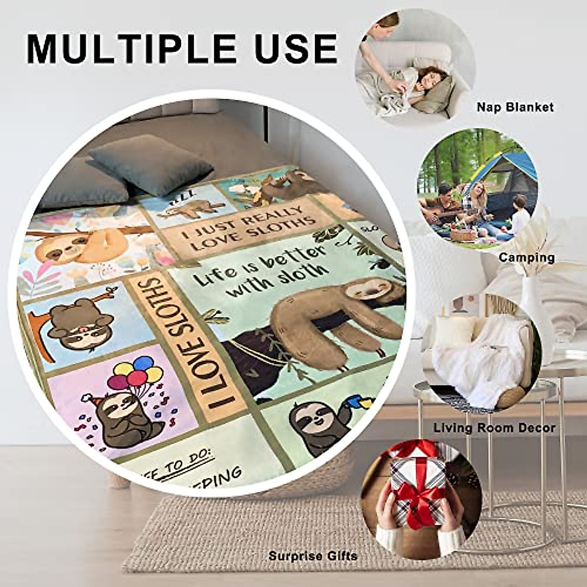 Sloth Blanket Flannel Throw Gift for Chid Teenager Adults for All Seasons Super Soft Snuggle Breathable Cute Bed Sofa Couch Foldable Unisex 100x130 Brown 40x50