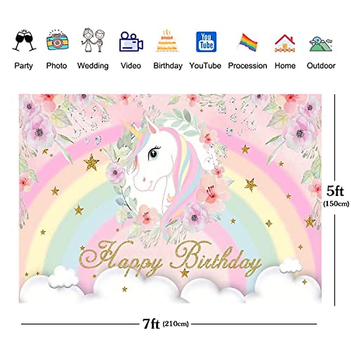 GEAMLA 7x5ft Pink Rainbow Unicorn Birthday Party Decoration - Photography Backdrop & Decorations for Girls Bedroom