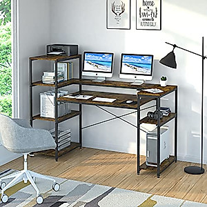 Computer Desk with 4-Tier Storage Shelves, 63 Inches Large Industrial Office Desk with Monitor Shelf and CPU Stand, Study Writing Table Workstation with Printer Stand for Home Office, Rustic Brown