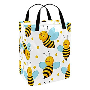 Flying Bee and Yellow Dots Print Collapsible Laundry Hamper, 60L Waterproof Laundry Baskets Washing Bin Clothes Toys Storage for Dorm Bathroom Bedroom