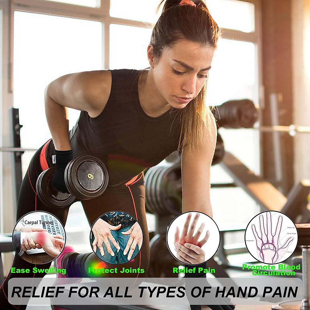 2 Pairs Arthritis Compression Gloves for Arthritis, Rheumatoid, Carpal Tunnel Pain, Driving, Typing Fingerless Gloves For Women Men, Support Hand, Wrist and Joint (Pure Black, Medium)