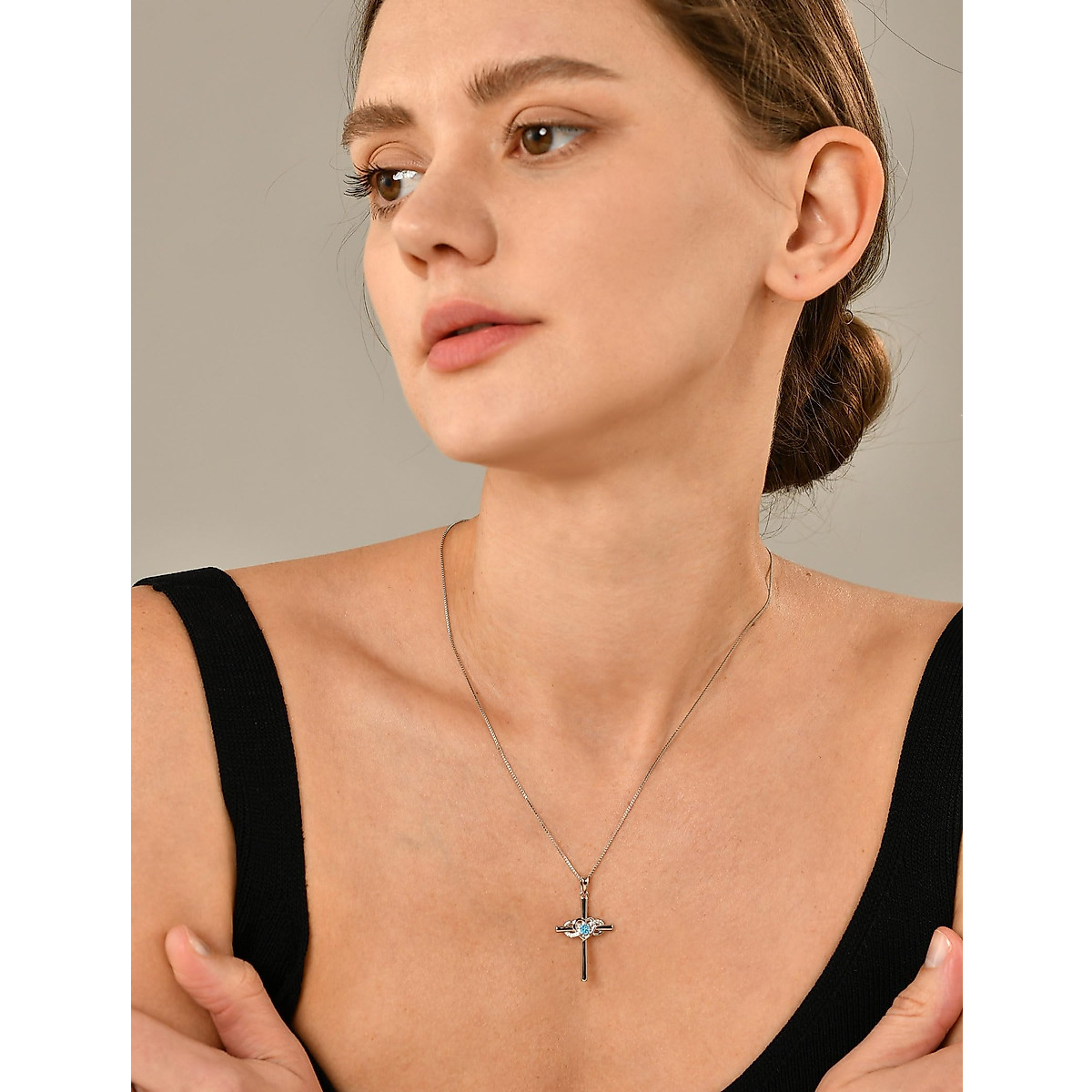 YL Women's Cross Necklace Sterling Silver Infinity Heart Crucifix Pendant Created Aquamarine Criss Jewelry