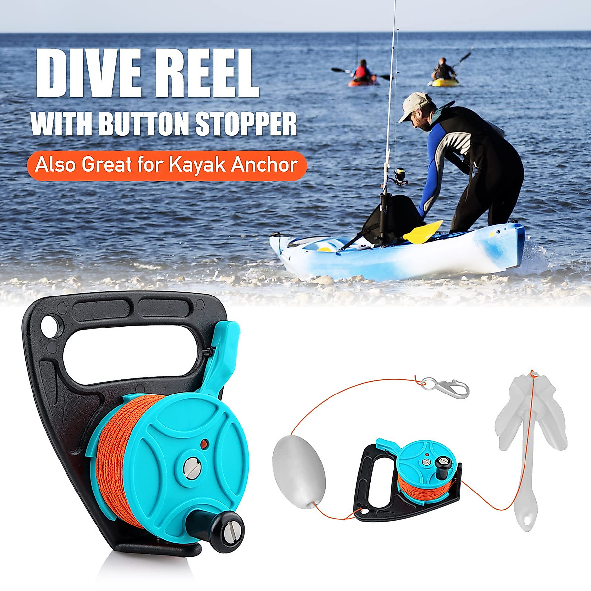 Scuba Dive Reel with Thumb Stopper, 150-foot High Visibility Retractable Line Diving Reel Finger Spool with Handle Stop Switch for Cave and Wreck Exploration, Kayaking Anchor, Spear Fishing, SMB Blue