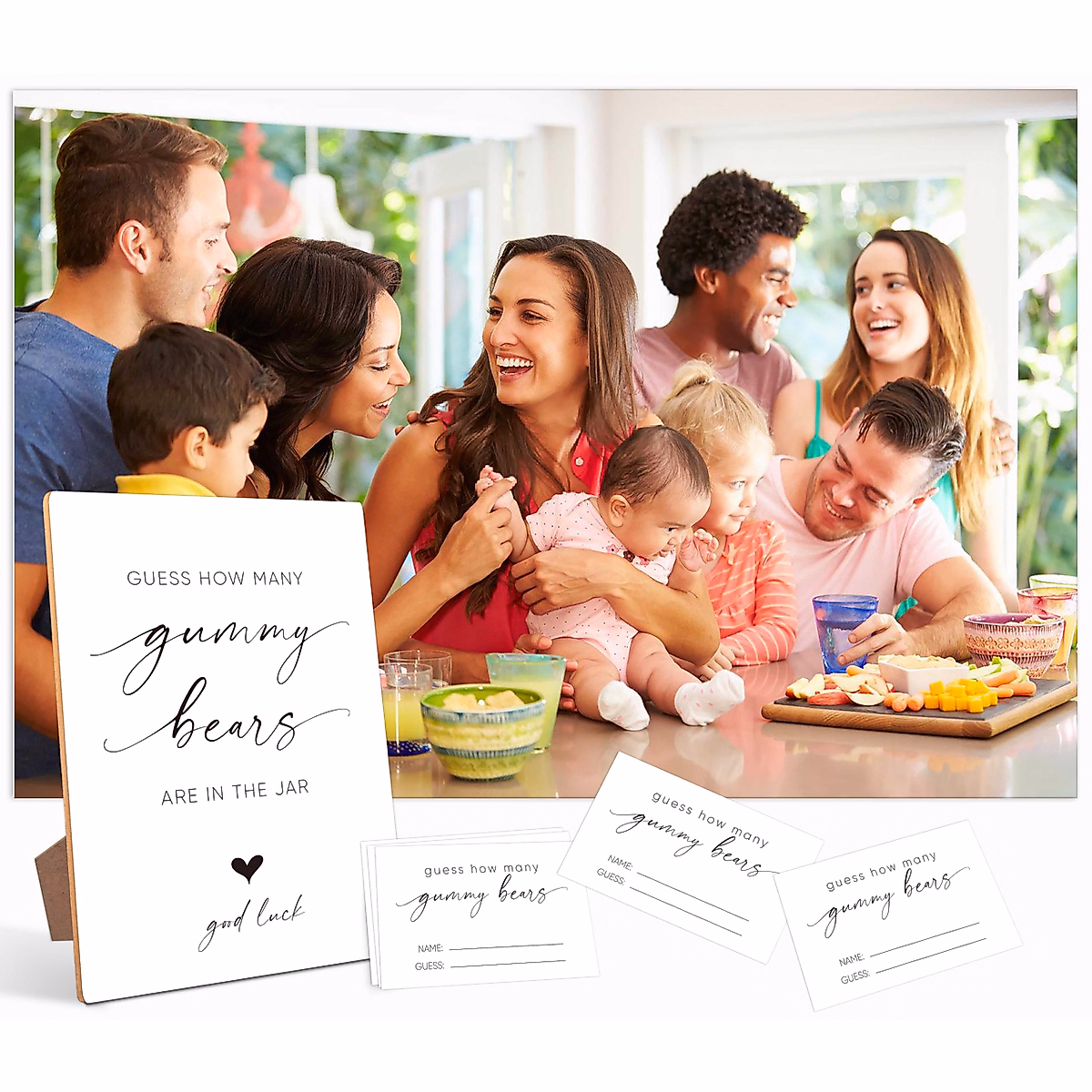 Guess How Many Gummy Bears, Bridal Shower Games, Baby Shower Games, Gender Reveal Decorations, Birthday Party Decorations,1 Wooden Play Sign with Stand and 50 Guess Cards Set