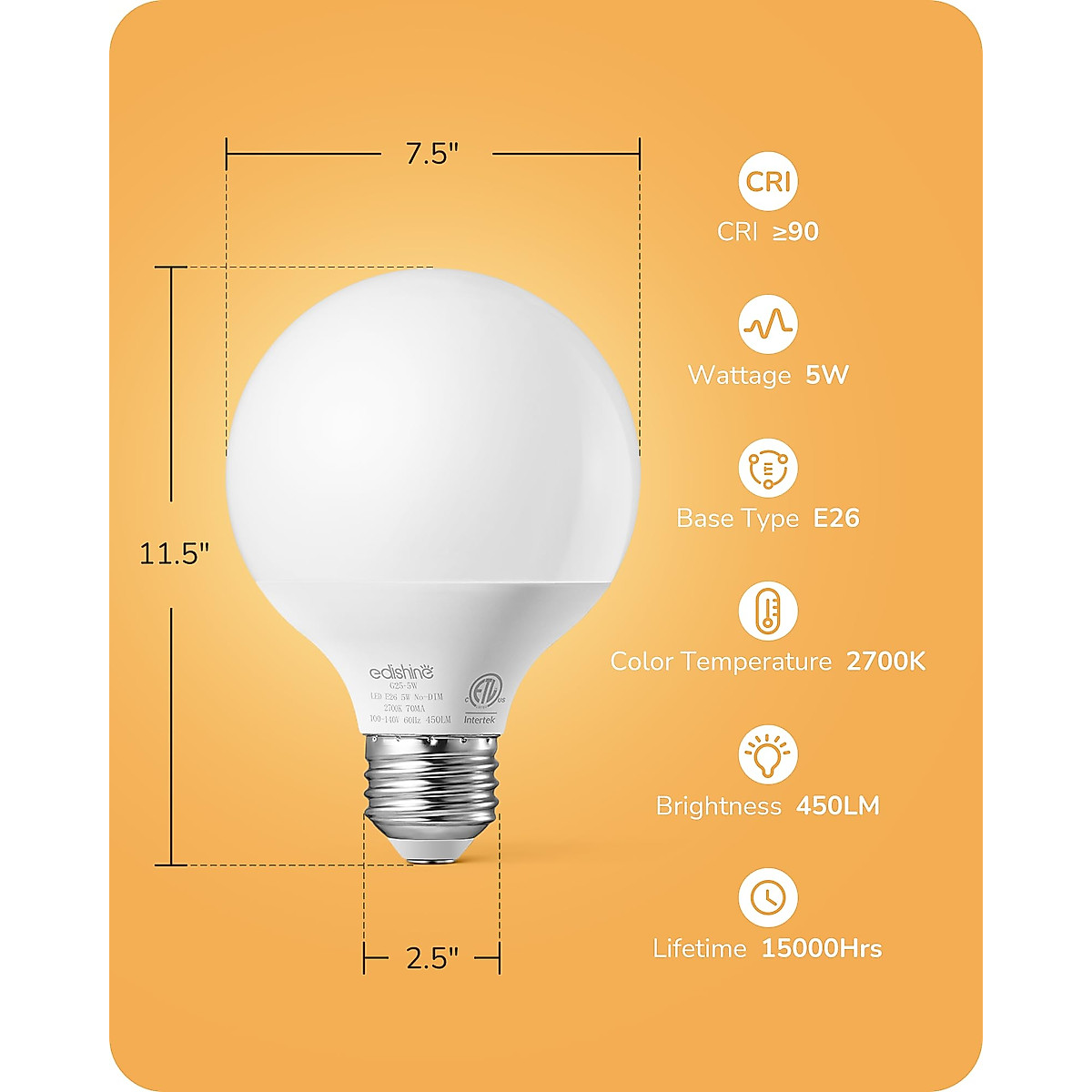 EDISHINE G25 LED Globe Light Bulbs, CRI90+ Makeup Bulbs, 5W Equivalent 25W, LED Vanity Light Bulbs for Bathroom, Makeup Mirror Light Bulbs, 2700K Warm White 450LM, E26 Base 8 Pack Non-dimmable