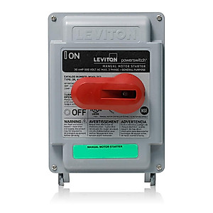 Leviton MS4X-303 30 Amp, 600 VAC, 3-Pole, Non-Fused Manual Motor Starter, Suitable as Motor Disconnect, Type 4X Thermoplastic Enclosure, IP67-Watertight