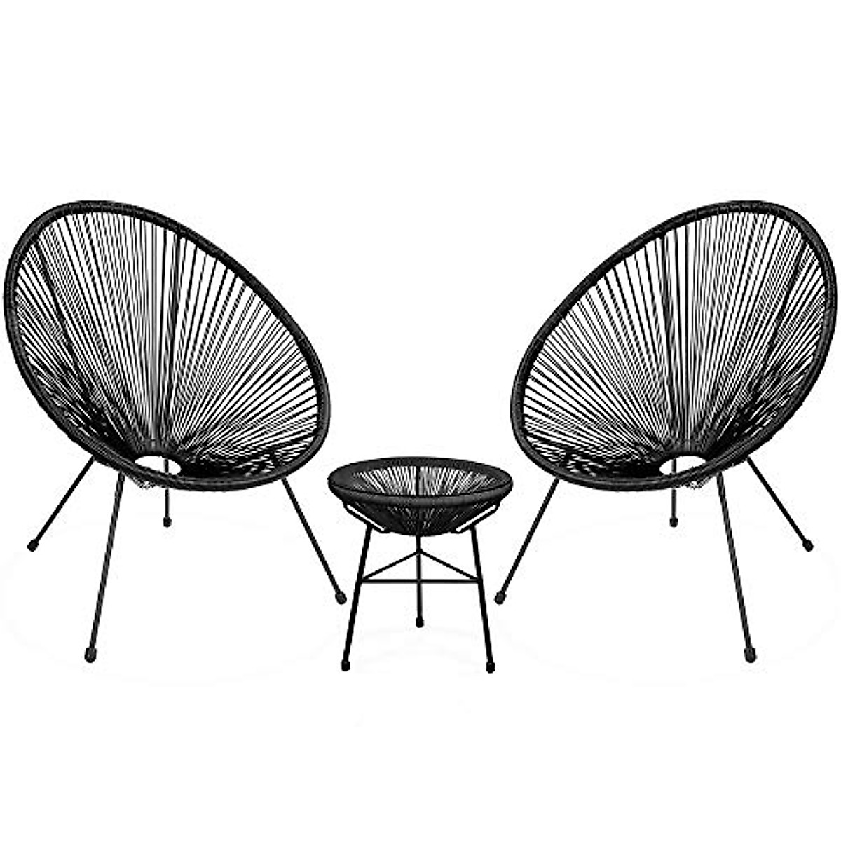 Barton 3 Pieces Acapulco Chair Set w/Glass Table Black Outdoor Patio Furniture Wicker Rattan Modern Conversation Chat Seating