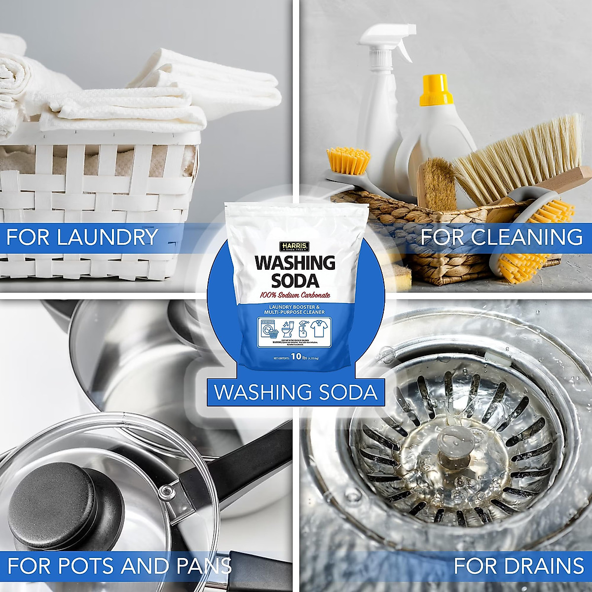 Harris Washing Soda, Sodium Carbonate, Laundry Booster and Multipurpose Cleaner, 10lb