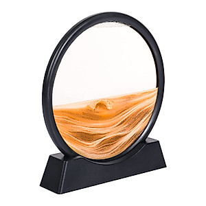 Moving Sand Art Picture 3D Deep Sea Sandscape Liquid Motion Display Flowing Sand Frame Round Glass 3D Quicksand Painting Decor Relaxing Art Desktop Toys Home Office Decoration (7in, Orange)