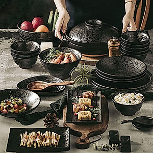 GagalU Plate Set –Kitchen Tableware Set,Ceramics Dinnerware Sets, Plates and Bowls Sets | 66 Pcs Kiln Change Dishes Set - Black Dinner Plates/Steak and Plate