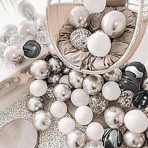 Mayen 50 Pcs 12 Inches Black Silver White Balloons Set, Black Marble Balloons, Silver Metallic and Silver Confetti Balloons, Black and Silver Birthday Party Decorations, Silver Graduation Decorations