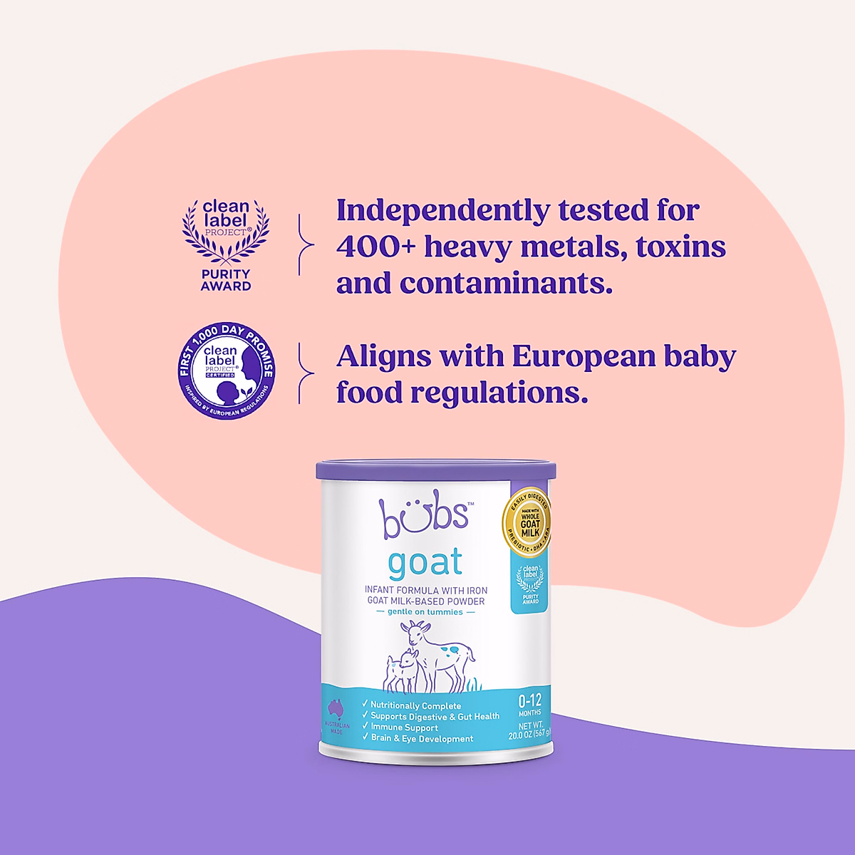 Bubs Whole Goat Milk Formula with Iron, Goat Milk-Based Powder, for Infants 0-12 Months, Made with Non-GMO Goat Milk, 20 oz