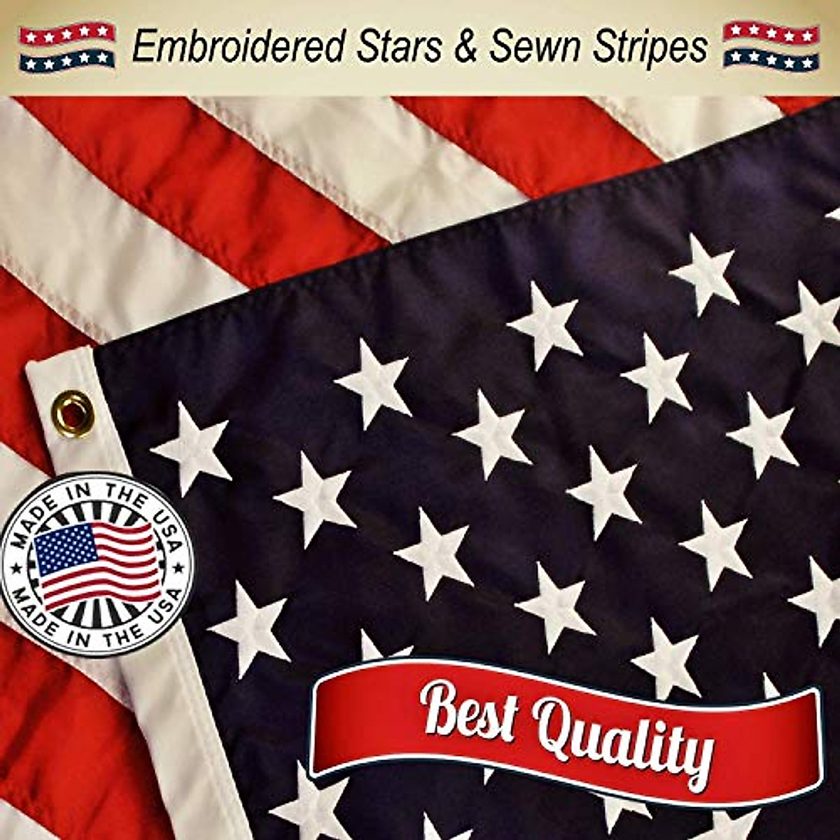 American Flag 3x5 Outdoor by Grace Alley, Embroidered Stars, Sewn Stripes, Heavy Duty, Hand Made and Fade Resistant - Long Lasting Nylon & Brass Grommets for Commercial Grade Durability, 100% Made in USA