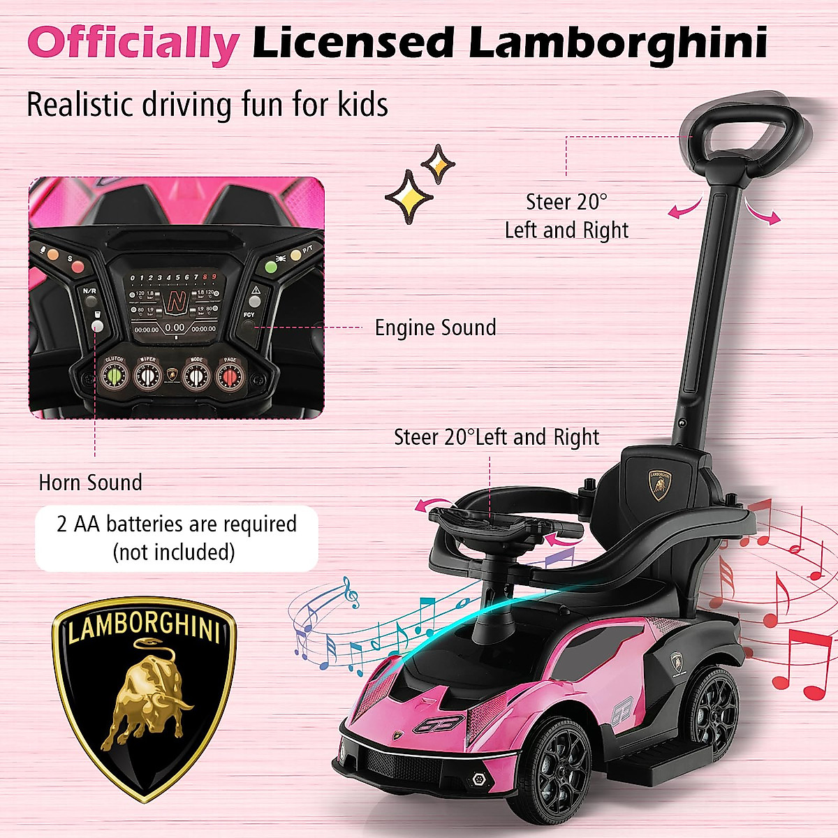 Costzon Push Cars for Toddlers, 3 in 1 Licensed Lamborghini Stroller Sliding Walking Car w/Handle, Armrest Guardrail, Underneath Storage, Horn, Foot-to-Floor Ride On Toy for Boys Girls (Pink)