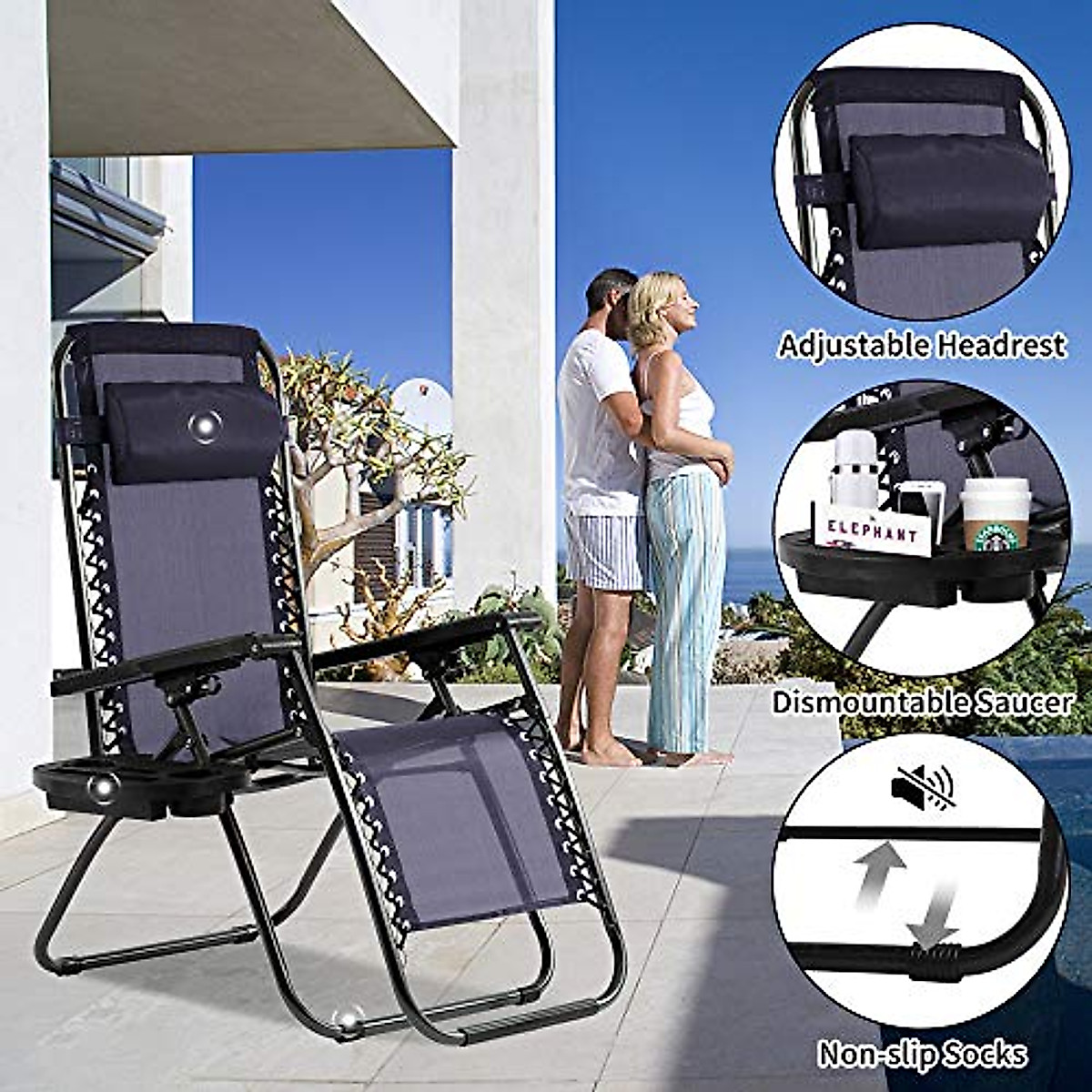 Zero Gravity Chair, Outdoor Folding Adjustable Lounge Chair Chaise 250Lbs Weight Capacity Recliner with Cup Holder Tray and Pillows for Patio, Pool, Beach, Lawn, Deck, Yard - Set of 2 - Blue