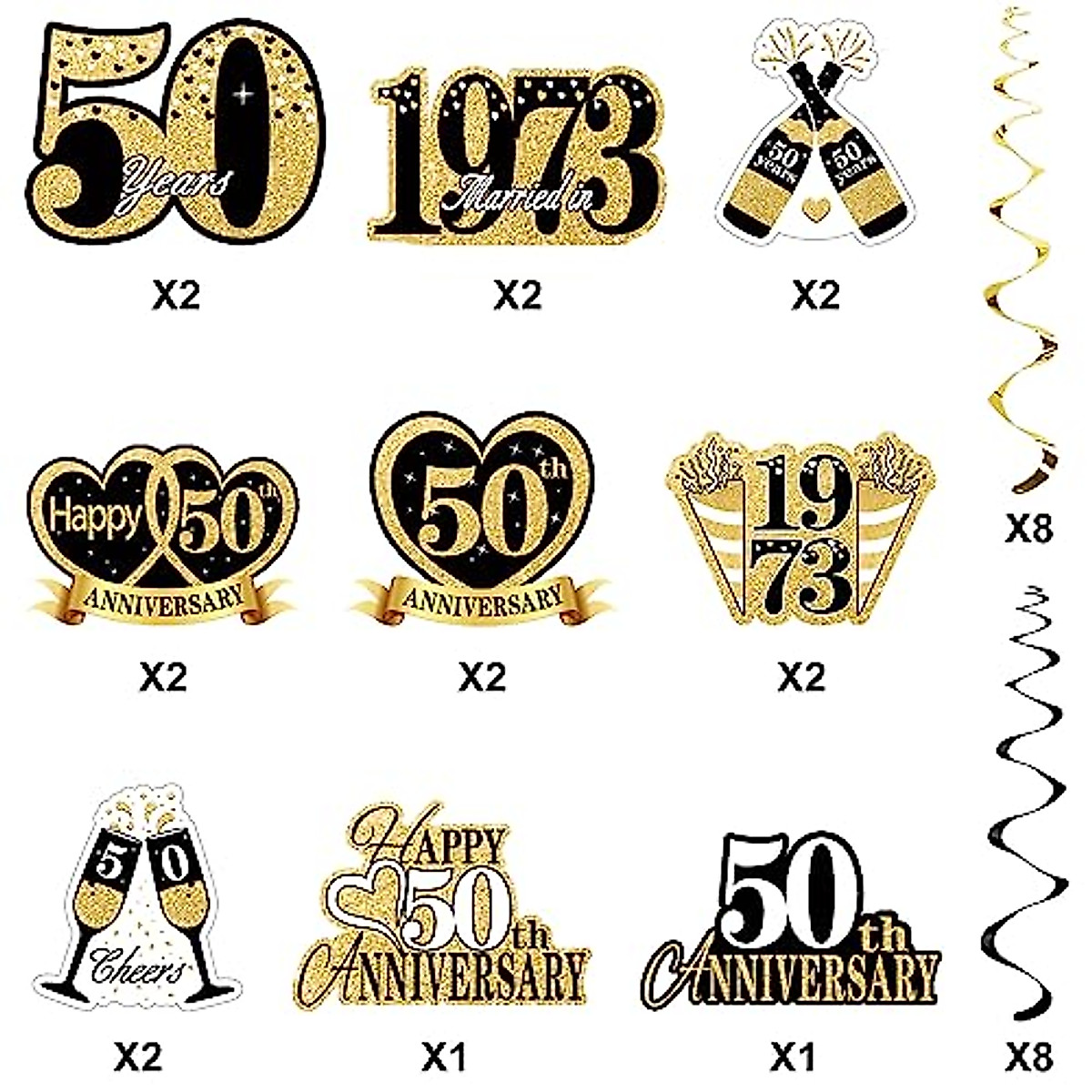 50th Anniversary Hanging Swirls Decorations, Black Gold Happy 50th Wedding Anniversary Married in 1973 Foil Swirl Party Supplies, Cheers to 50 Years Anniversary Ceiling Hanging Decor