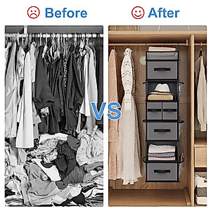 Fixwal 1 Pack 7-Shelf Hanging Closet Organizer, Closet Organization and Storage with 5 Different Drawers, 6 Side Pockets Wardrobe Clothes Organizer for Closet Dark Grey