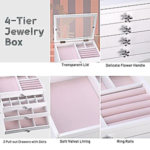 Ampersand Shops Elegant Jewelry Chest Box Storage Organizer with Mini Drawers and Mirror for Rings, Earrings, Bracelets and Necklaces (White))
