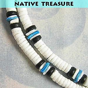 Native Treasure 15 inch Little Kid's White Clam Heishe Puka Shell Necklace Blue Chip 2 Black Coco Surfer Beach Necklace - 8mm (5/16")