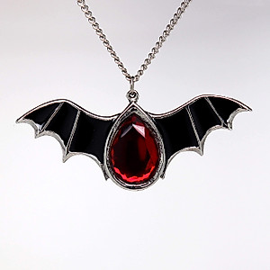 Gothic Black Bat Wings and Blood Red Stone Pewter Pendant Necklace