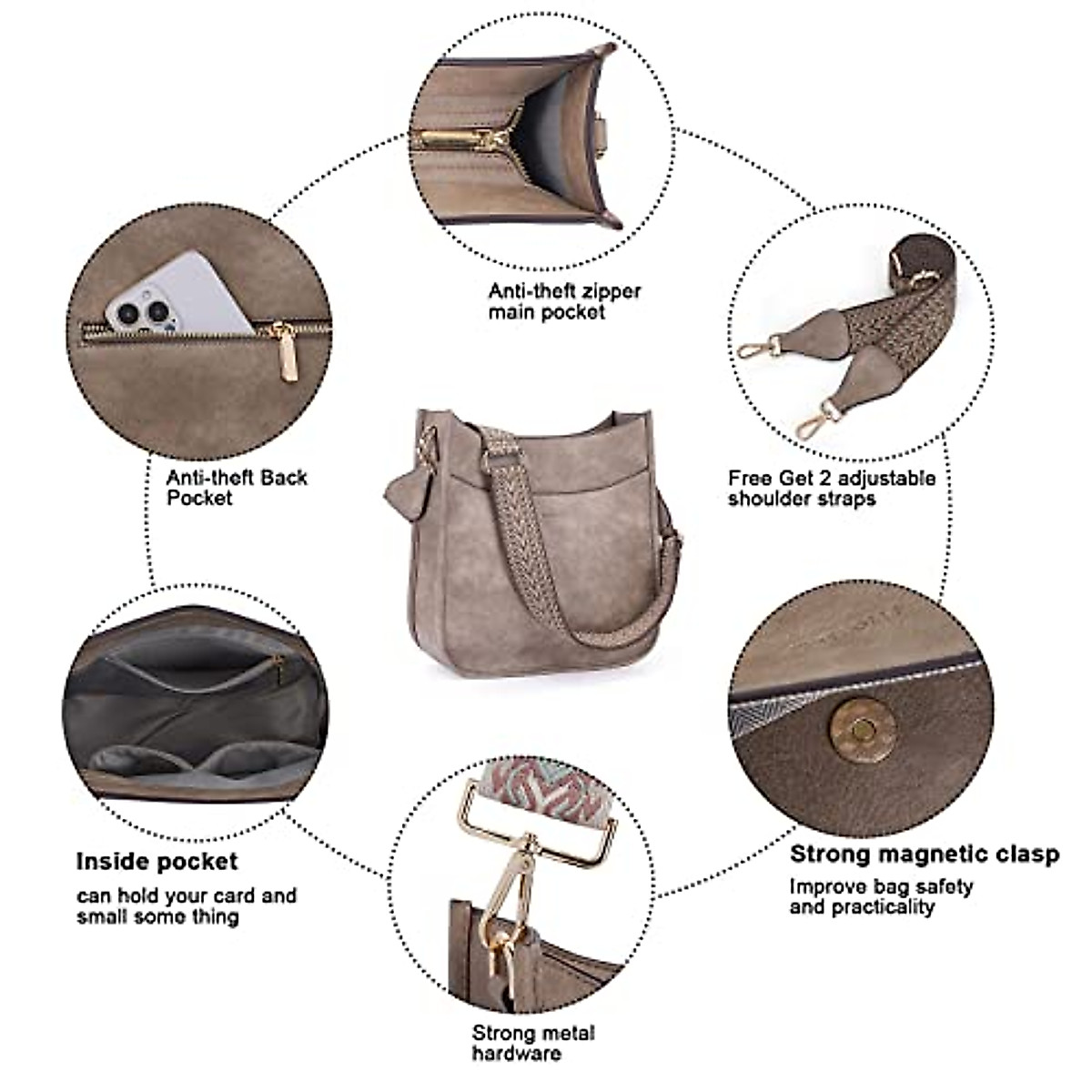 HKCLUF Crossbody Bag for Women,Vegan Leather Hobo Handbags Women Fashion Shoulder Bags Cross-body Bucket Purse with 2PCS Adjustable Guitar Strap(Apricot Pink)