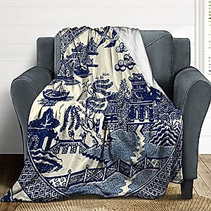 Ancient China Blue Willow Chinoiserie Flannel Fleece Throw Blankets 50"X40" Lightweight Fluffy Winter Fall Blanket Cozy Soft Fuzzy Plush Home Decor for Couch Bed Sofa Bedroom Living Room Travel