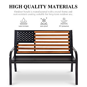 Attliahome 50" Outdoor Garden Bench, Cast Iron Metal Frame Patio and Porch Welcome Benches with American Flag Backrest and Weatherproof Seat, Park Decorative Memorial Bench (Black & Woodgrain Colors)