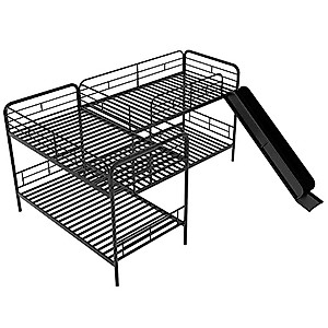 Tulib Twin Size L-Shaped Bunk Bed with Slide, Metal Bunkbed Frame w/Ladder & Safety Guardrail for 4, Bedroom, Home, No Spring Box Needed, Black