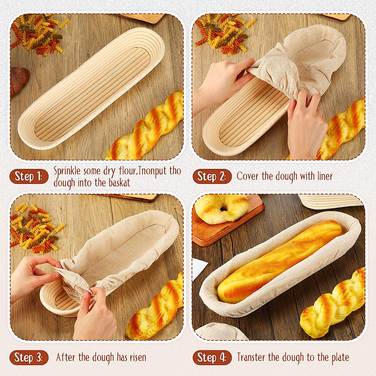 4 Pieces 13.8 Inch Banneton Bread Proofing Basket Oval Long Bread Proofing Basket Banneton Basket Dough Proofing Basket with Liners and Scatters for Home Sourdough Bread Baking