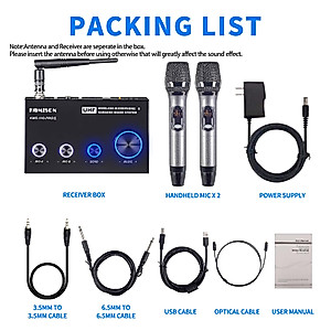 KOMISON Wireless Microphone System Karaoke Mixer, Microphones, Audio Interface, Optical (Toslink), USB，Smart TV, PC, for Karaoke, Wedding, Singing, 280FT