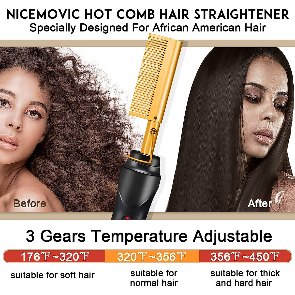 NICEMOVIC Ceramic Heating Hair Straightener Comb - Hot Pressing Brush for Natural Black Hair, Beard Wigs, and Curling (Gold)