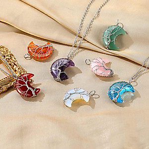 Bestyle Tree of Life Crescent Moon Necklace, Synthetic Aquamarine Gemstones Healing Crystal Necklaces, March Birthstone Pendant for Women, Statement Birthday Jewelry Gifts