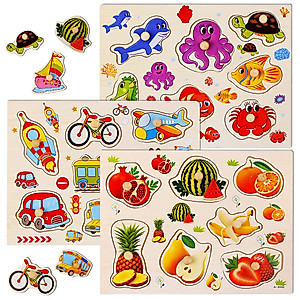 Wooden Peg Puzzles for Toddlers, 3 Pack Ocean Transportation Fruit Puzzles for Kids 1-3 Years Old, Early Educational Preschool Learning Puzzles Toys for Boys and Girls Ages 1 2 3 4 5