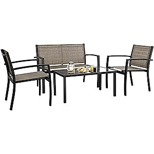 JUMMICO 4 Pieces Patio Furniture Set Modern Conversation Set Outdoor Garden Patio Bistro Set with Glass Coffee Table for Home, Porch, Lawn (Brown)