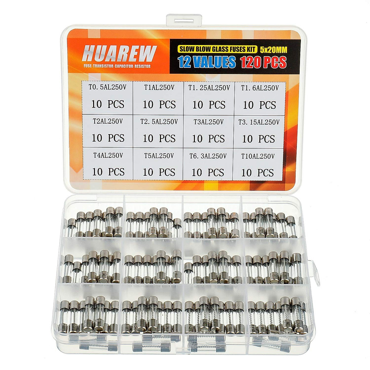 HUAREW 12 Values 120 Pcs 5x20 mm Slow Blow Glass Fuse 0.2 x0.78 Inch 250 V Volt T0.5 T1 T1.25 T1.6 T2 T2.5 T3 T3.15 T4 T5 T6.3 T10 A amp Assortment Kit