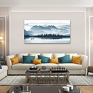 arteWOODS Indigo Canvas Wall Art Misty Mountain Wall Pictures Foggy Lake Boat Canvas Painting Grey Blue Forest Birds Canvas Wall Decor for Living Room Wall Decorations 20" x 40"