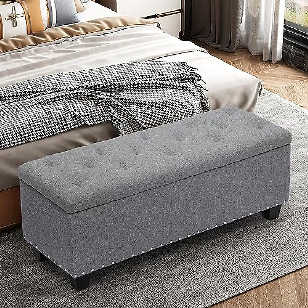 MoNiBloom 42 Inch Long Storage Ottoman for Bedroom, Contemporary Grey Linen Tufted Bench Footrest Foot Stool Upholstered Rectangular Ottoman with 40L Inner Space, 660 Lbs Capacity