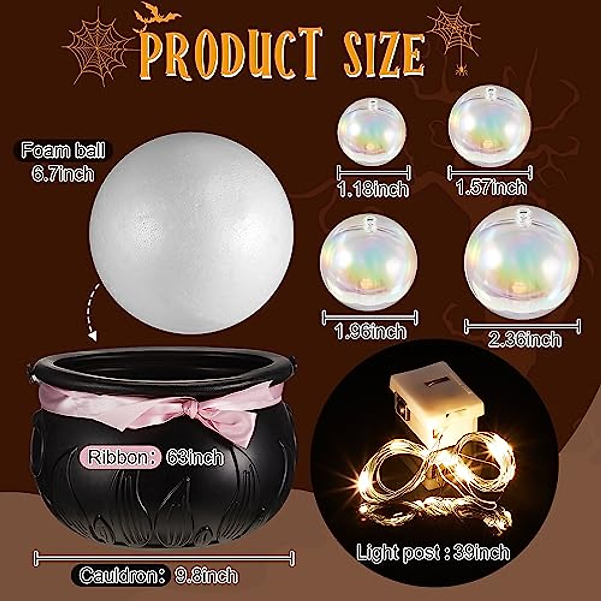 Liliful Light up Bubble Cauldron DIY Set, 9.8" Black Plastic Witches Cauldron with Handle 44 Pcs Clear Plastic Balls and Warm White String Light Halloween Cauldron Candy Bowl for Halloween Decorations