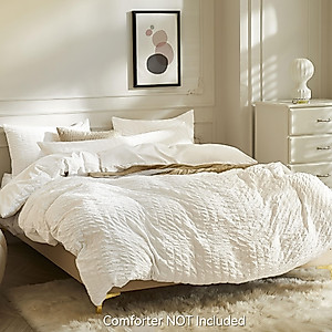 JELLYMONI White Duvet Cover Queen Size, 3pcs Washed Microfiber Bedding Set, Soft Breathable Seersucker Duvet Cover Set with Zipper Closure and Corner Ties for All Seasons