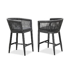 PURPLE LEAF Counter Height Bar Stools Set of 2 Rattan Bar Stools with Cushions Outdoor Bar Chairs for Outdoor or Indoor Kitchen Backyard Poolside Patio Grey