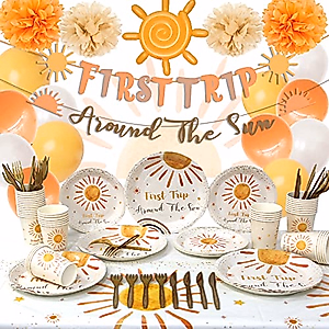 First Trip Around The Sun Birthday Decoration- Boho Sun Theme Tableware Set Include Sun Plates,1st Trip Around The Sun Banner,Sun Boho Tablecloth,Boho Balloons for Sunshine 1st Birthday Supplies