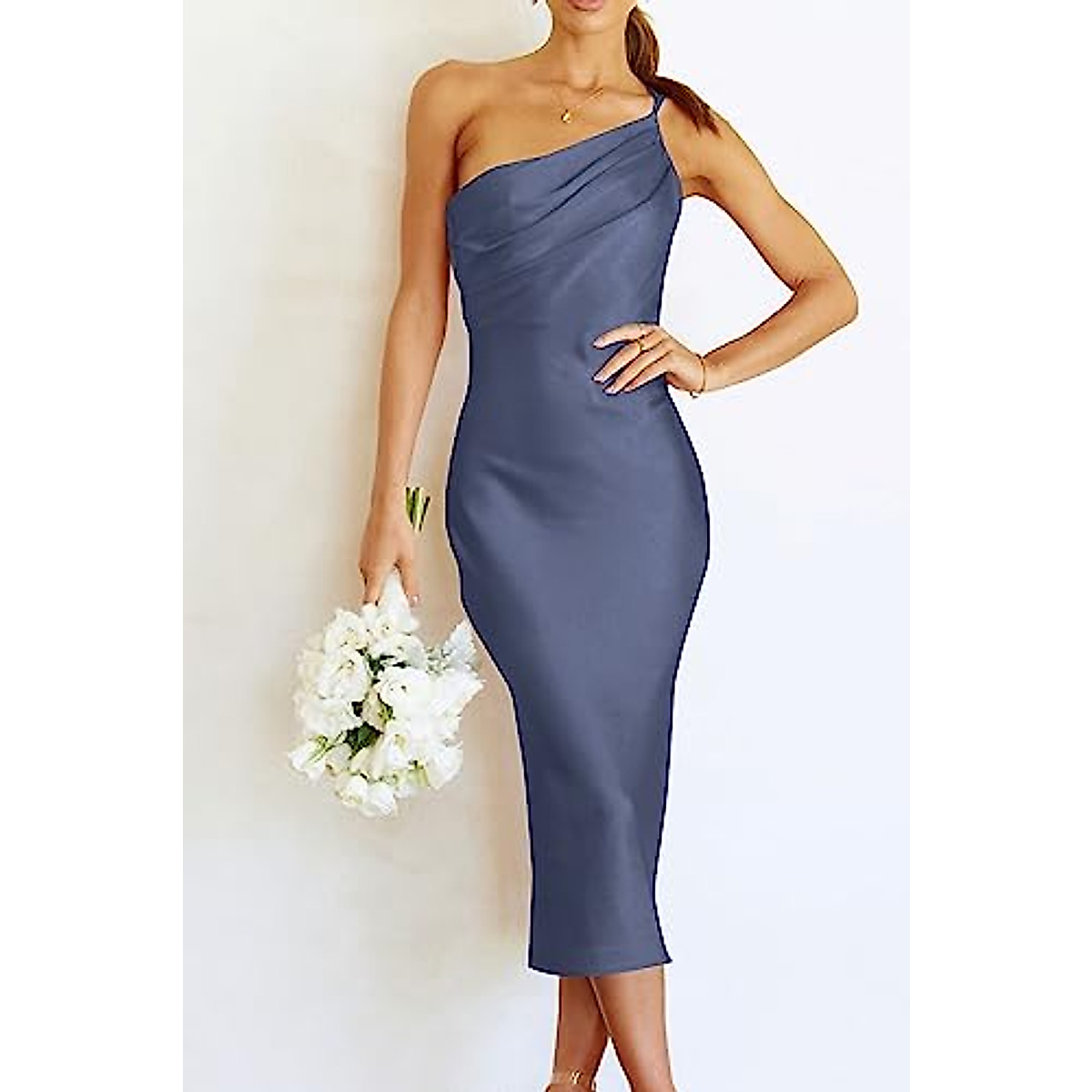 PRETTYGARDEN Women's Midi Satin Dress One Shoulder Spaghetti Strap Backless Ruched Summer Bodycon Dresses (Dark Grey Blue,Small)
