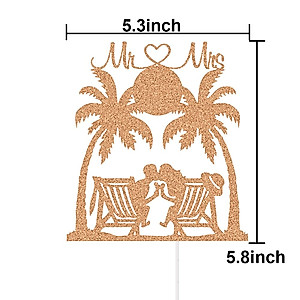 Mr & Mrs Wedding Cake Topper, The Groom Kissing Bride Sit on Chair, Hawaii Beach Sunrise and Sunset Wedding Party Decorations Travel Party, Rose Gold Glitter