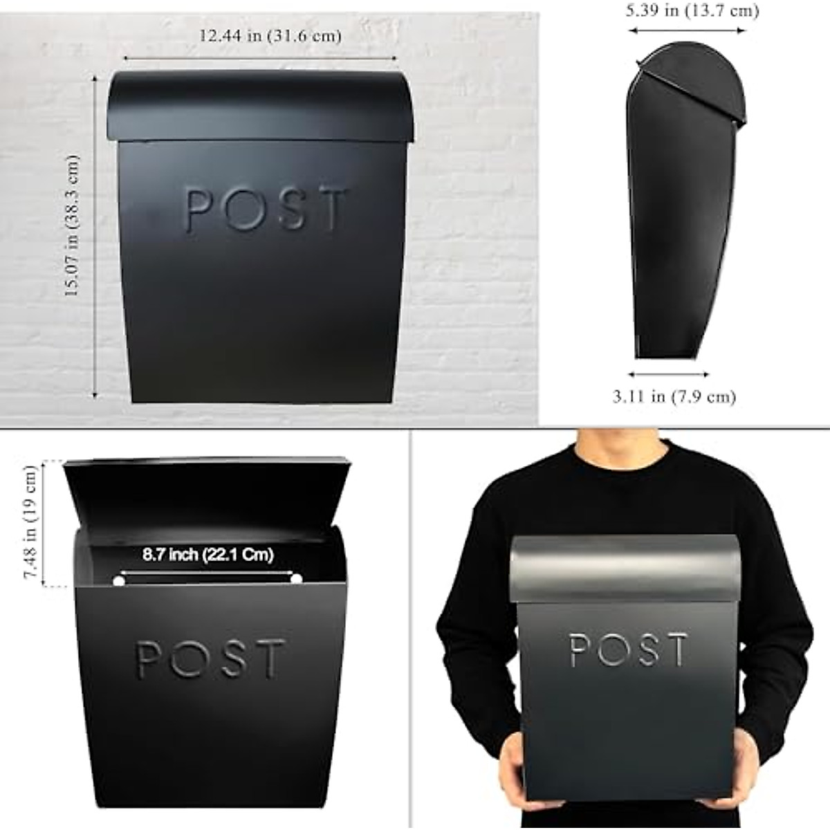 NACH Large Wall Mount Mailbox, 5.07 x 12.44 x 5.39 inches, Black Mailboxes for Outside Wall Mount, Waterproof Mailbox - The Sylvia Mailbox