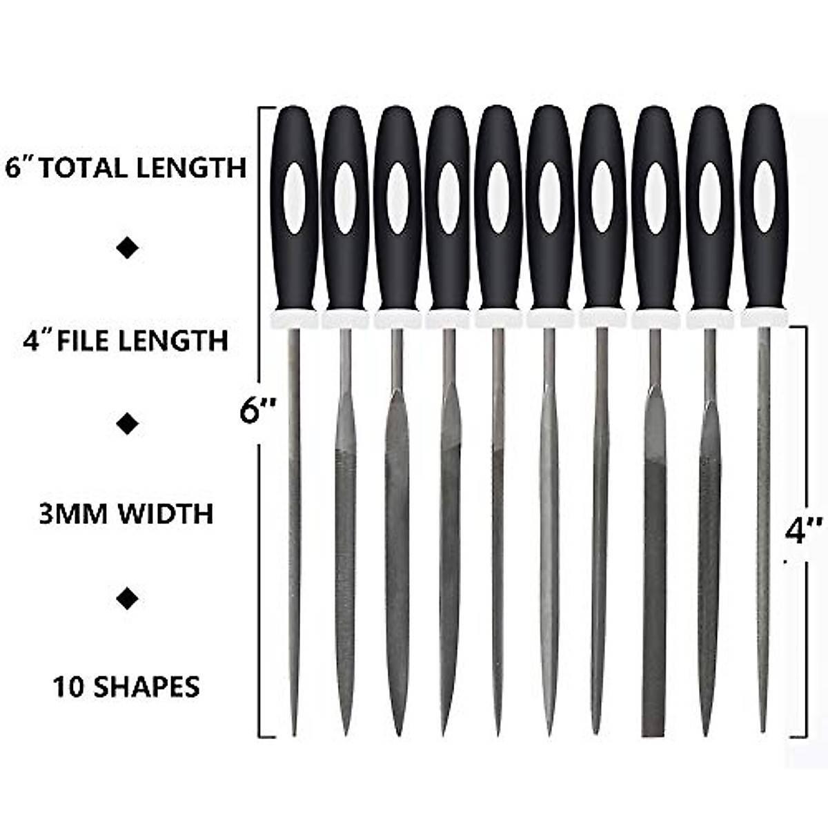 SDAE 10PCS Needle File Set High Carbon Steel File Set with Plastic Non-Slip Handle, Hand Metal Tools for Wood, Plastic, Model, Jewelry, Musical Instrument and DIY (6 Inch Total Length)