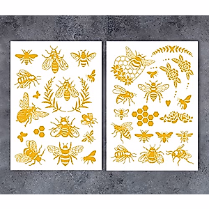 GSS Designs 2 Sheets Gold Bee Rub On Transfers for Furniture Ceramic Crafts Wood Scrapbook Card Making 8.3x11.7Inch Metallic Bee Stickers Transfers for Crafts DIY