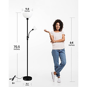 BoostArea Floor Lamps for Living Room, Modern Floor Lamp with Reading Lamp(12W, 4W), Bright Standing Lamp with Bulbs, 70.5" Tall, White Plastic Lampshades,3-Way Rotary Switch, Simple Pole Lamps, Black